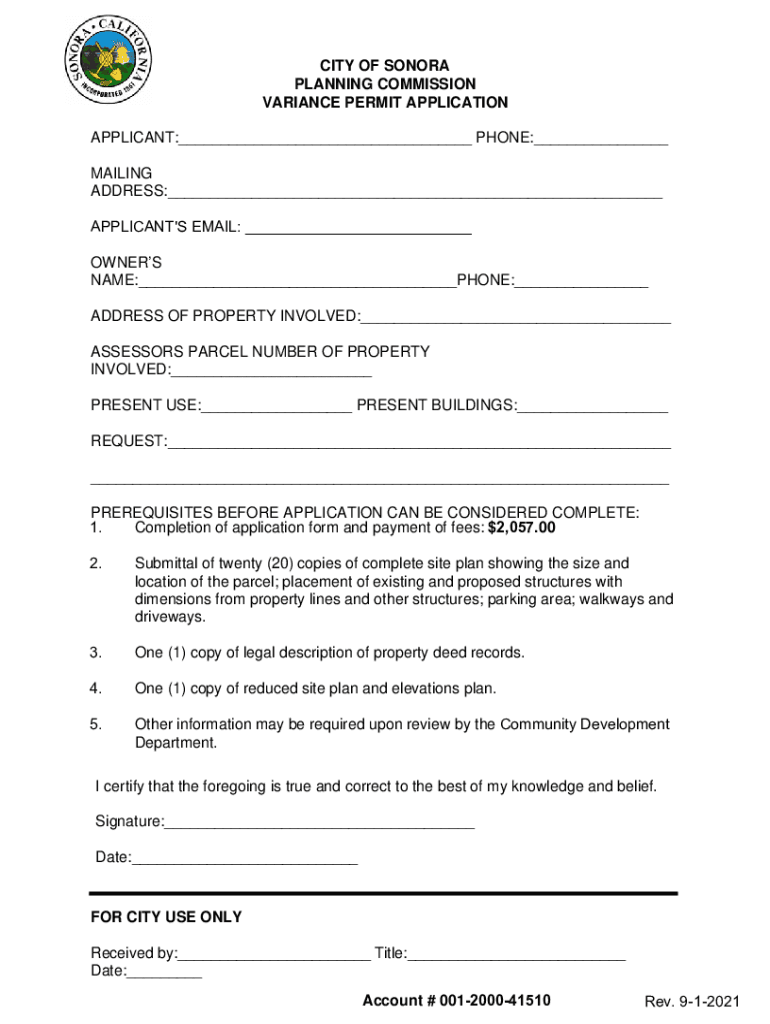 Fillable Online Variance Permit ApplicationCity of Sonora Government ...