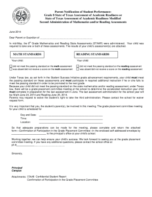 Fillable Online Parent Notification of Student Performance: Grade 8 ...