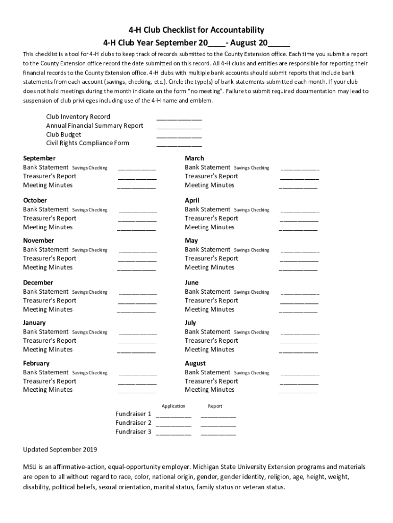Fillable Online 4-H Club Checklist for Accountability - Michigan State University Fax Email ...
