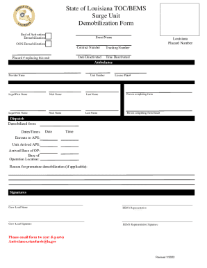 Fillable Online State of Louisiana TOC/BEMS Surge Unit Demobilization ...