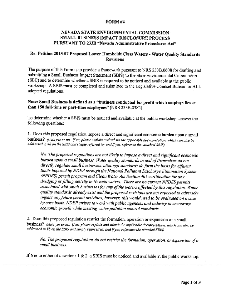 Fillable Online sec nv NEVADA STATE ENVIRONMENTAL COMMISSION SMALL BUSINESS IMPACT DISCLOSURE ...