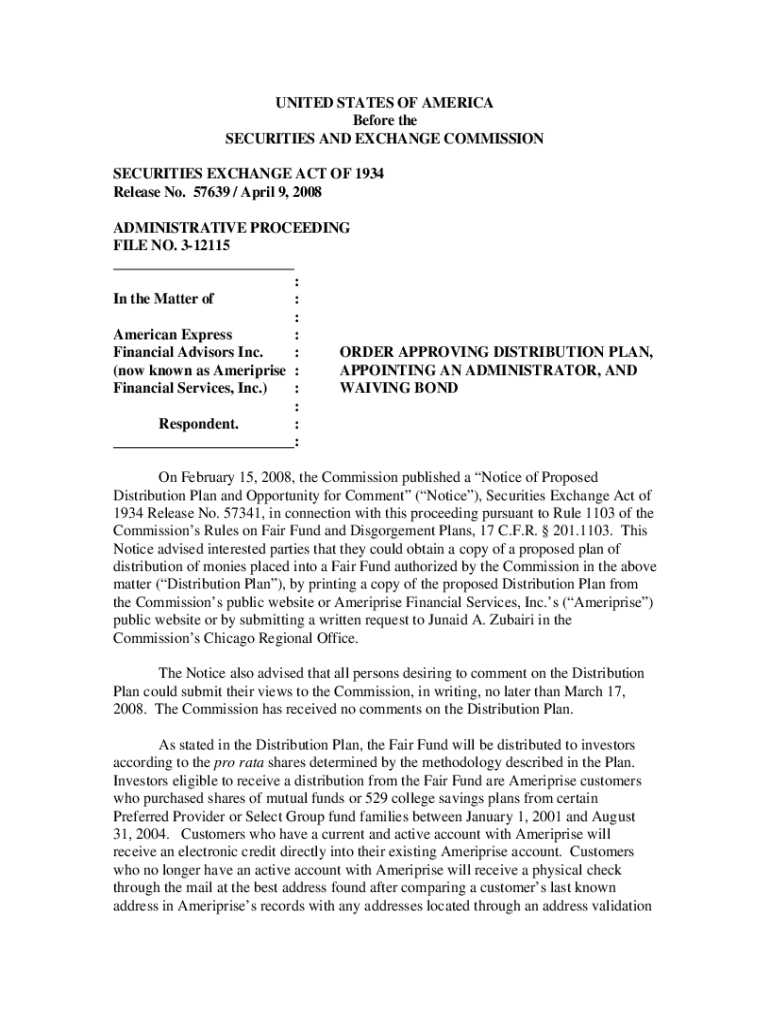 Fillable Online Administrative Proceeding. Order Approving Distribution ...