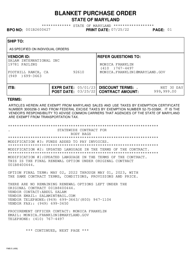 Fillable Online dgs maryland PDF version of FMIS Blanket Purchase Order. Blanket Purchase Order ...