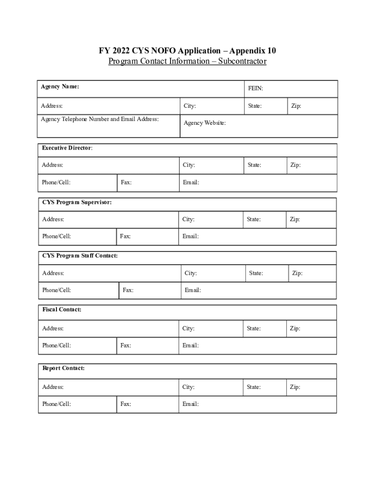 Fillable Online Appendix 10 Program Contact Information Subcontractor ...