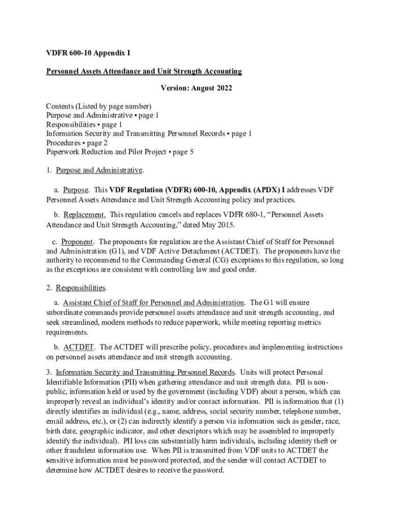 Fillable Online vdf virginia VDFR 600-10 Appendix I Personnel Assets Attendance and Unit ... Fax ...