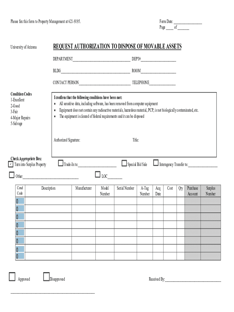 Fillable Online Request for Authorization to Dispose of Movable Assets Fax Email Print - pdfFiller
