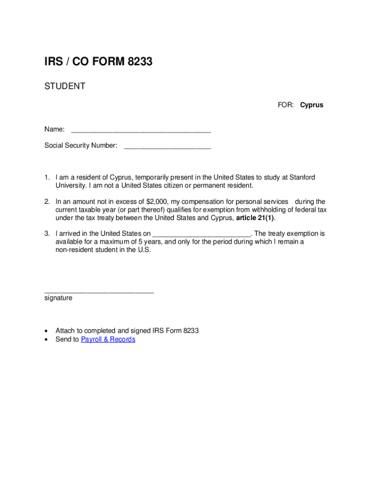 Fillable Online fingate stanford Yes - IRS / CO FORM 8233 - Stanford ...
