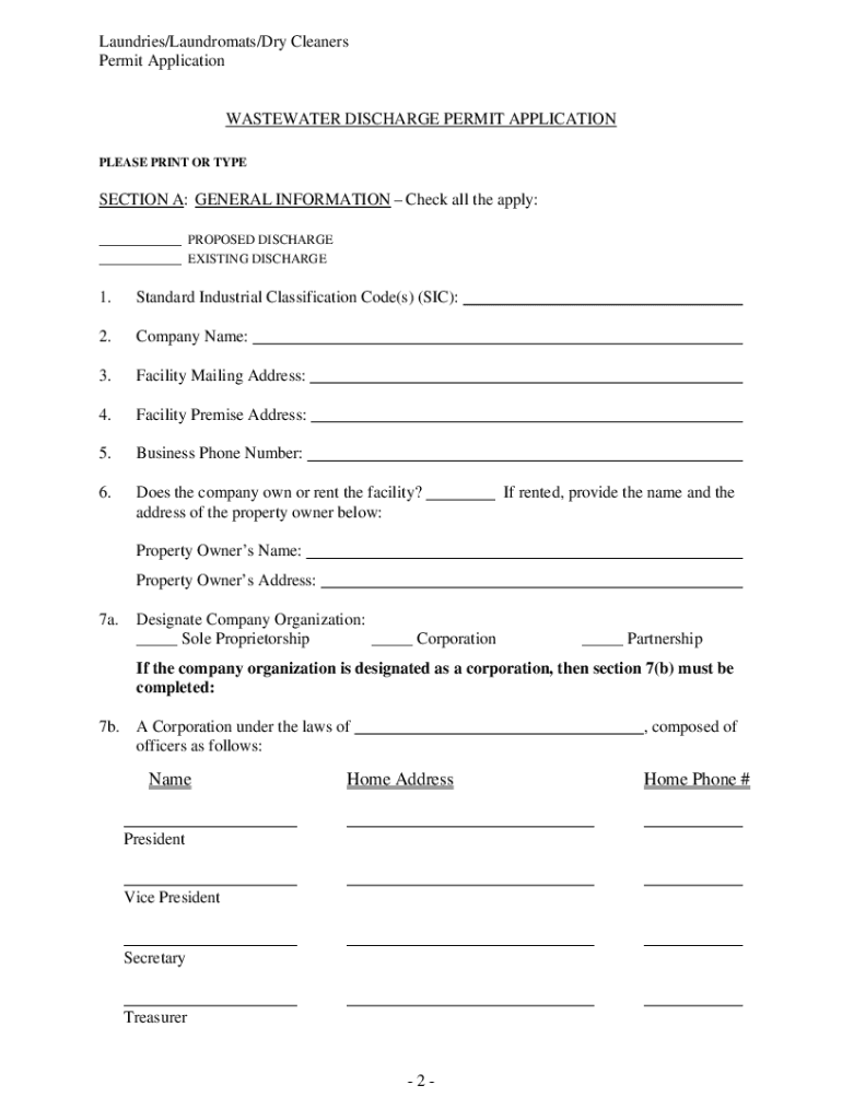 Fillable Online WASTEWATER DISCHARGE PERMIT APPLICATION LAUNDRIES ...