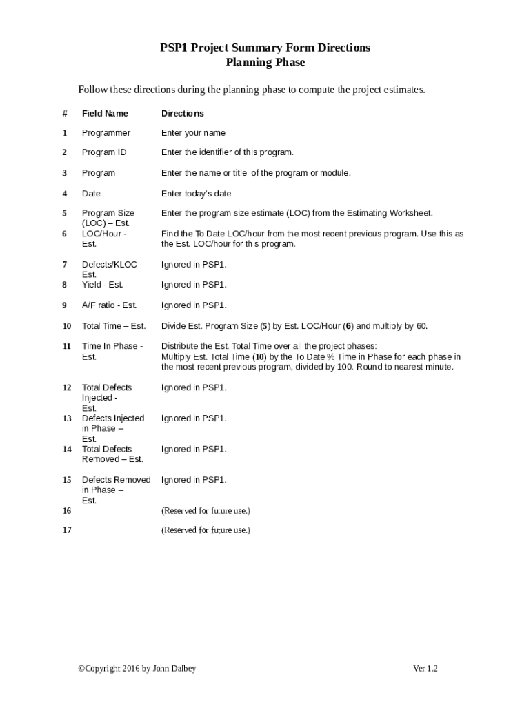Fillable Online users csc calpoly PSP1 Project Summary Form Directions ...