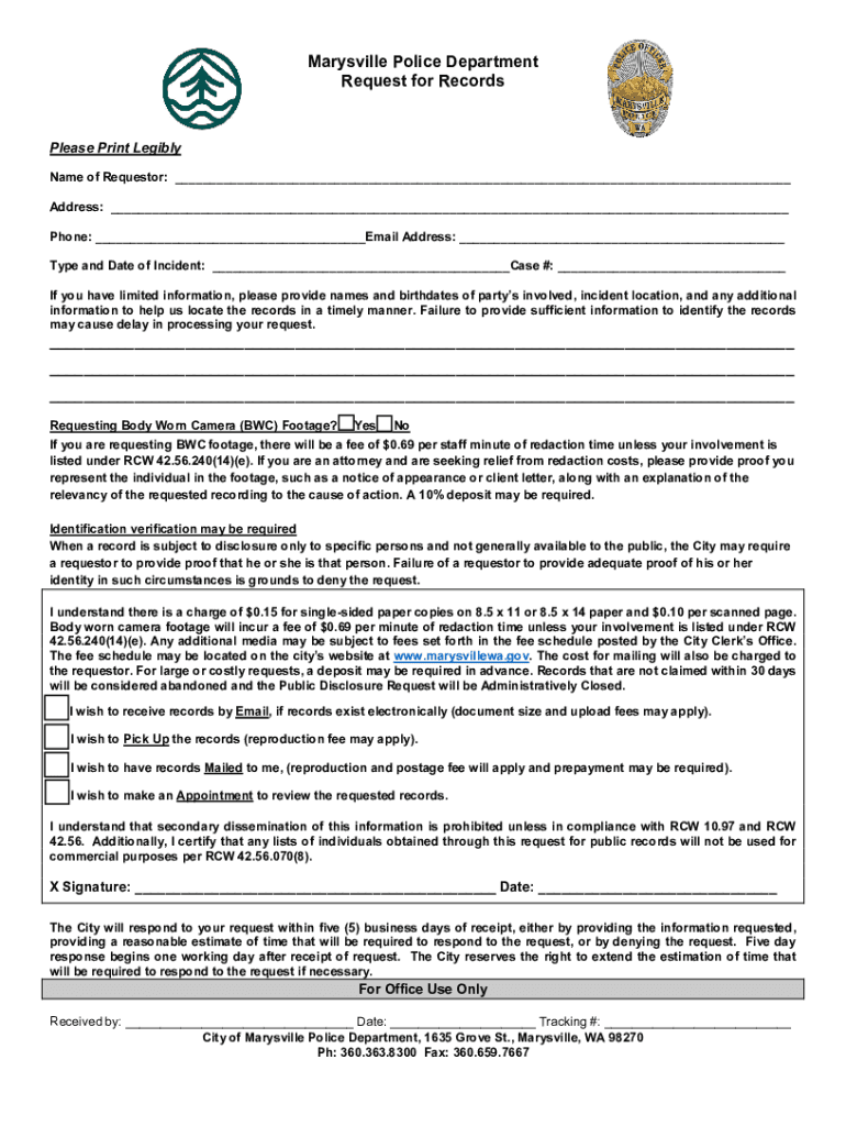 Fillable Online Marysville Police Department Request for Records Fax ...
