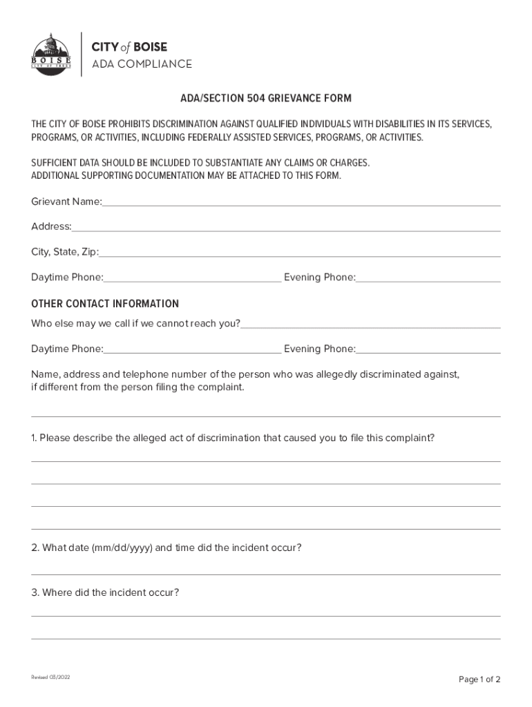 Fillable Online ada/section 504 grievance form - City of Boise Fax ...