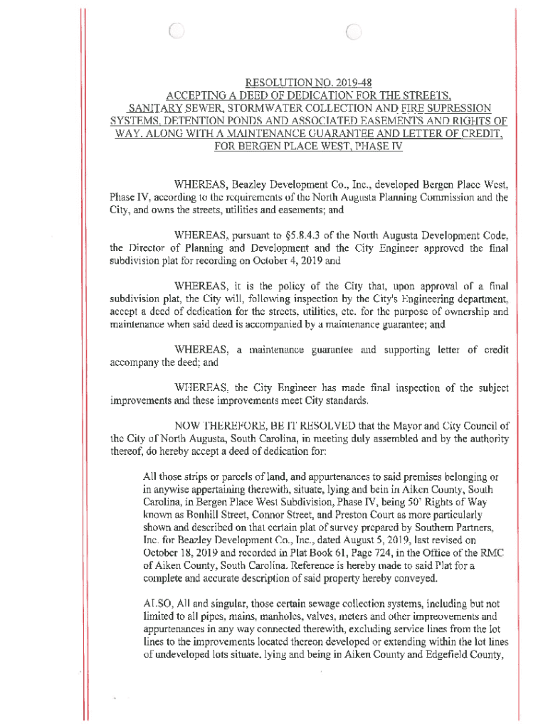 Fillable Online RESOLUTION NO. 2019-48 ACCEPTING A DEED OF DEDICATION ...