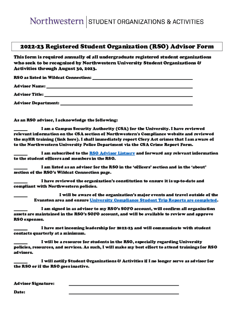 Fillable Online 2022-23 Registered Student Organization (RSO) Advisor ...