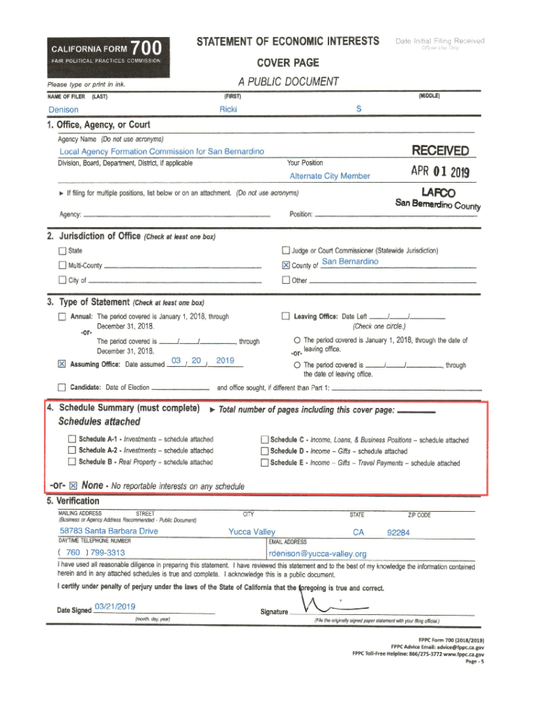 Fillable Online Assuming/Leaving Office Form 700 for Commissioners 2019 ...