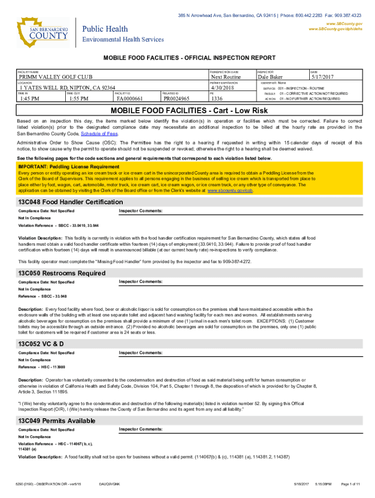 Fillable Online mobile food facilities - official inspection report Fax ...