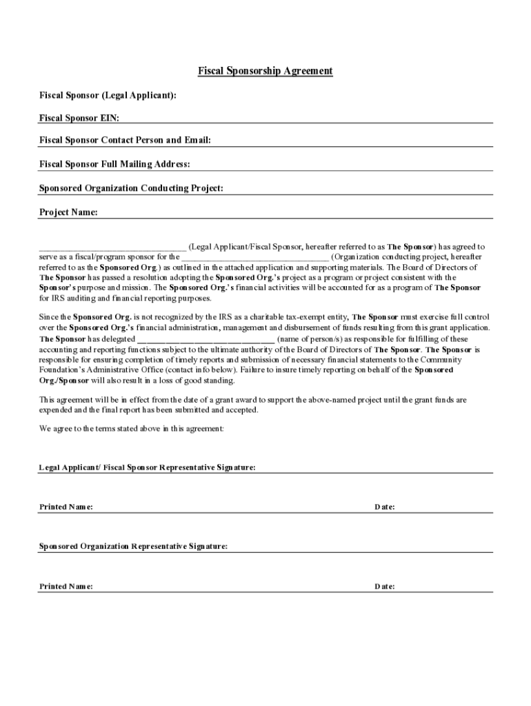 Fillable Online Sample Fiscal Sponsorship Agreements - NC NonprofitsFiscal Sponsorships ...