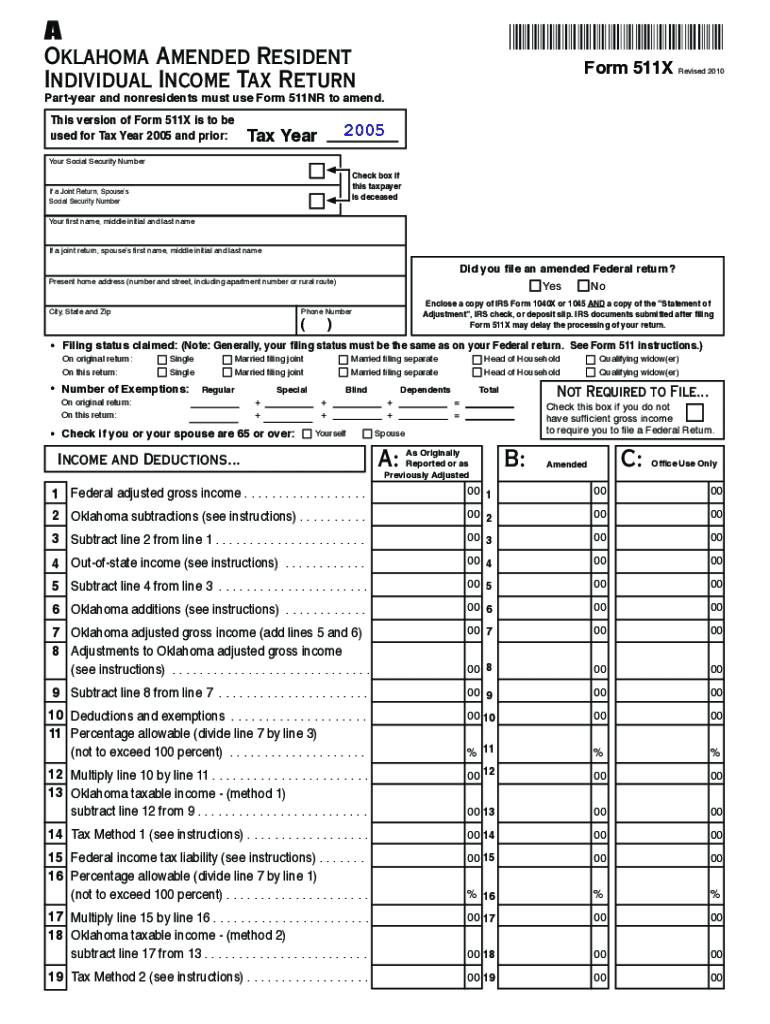 2005 Form 511-X Oklahoma Amended Resident Individual Income Tax Return ...