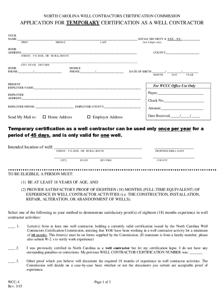 Fillable Online APPLICATION FOR TEMPORARY CERTIFICATION AS A WELL ... Fax Email Print - pdfFiller