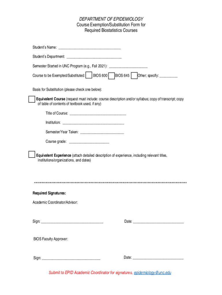 Fillable Online sph unc sph.unc.eduwp-contentuploadsDEPARTMENT OF EPIDEMIOLOGY Course Exemption ...
