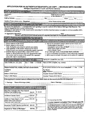 Fillable Online APPLICATION FOR A CERTIFIED COPYMICHIGAN BIRTH RECORD ...