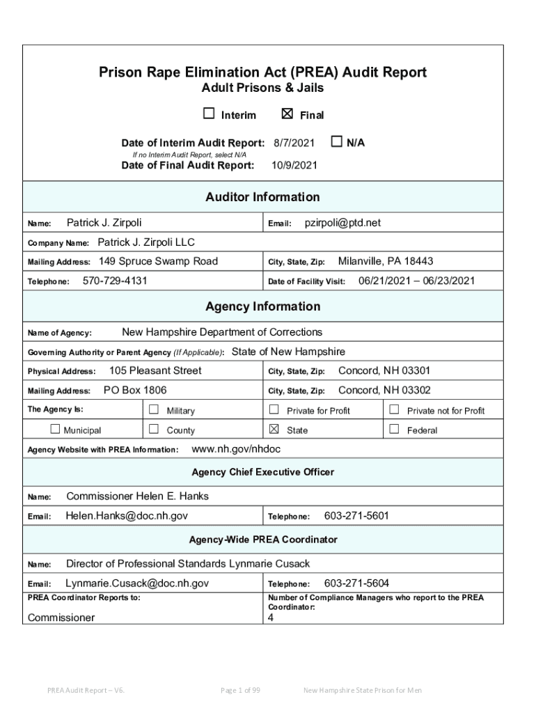 Fillable Online Prison Rape Elimination Act (PREA) Audit ReportNH.gov ...