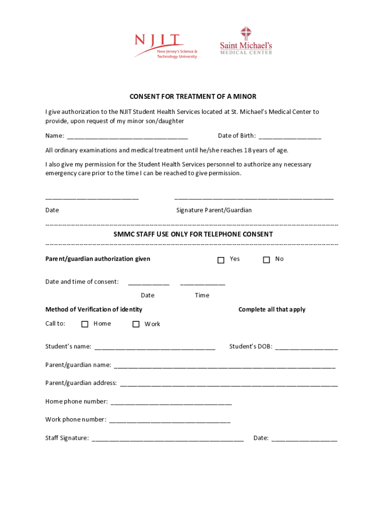 Fillable Online Minor Consent Form - New Jersey Institute of Technology ...