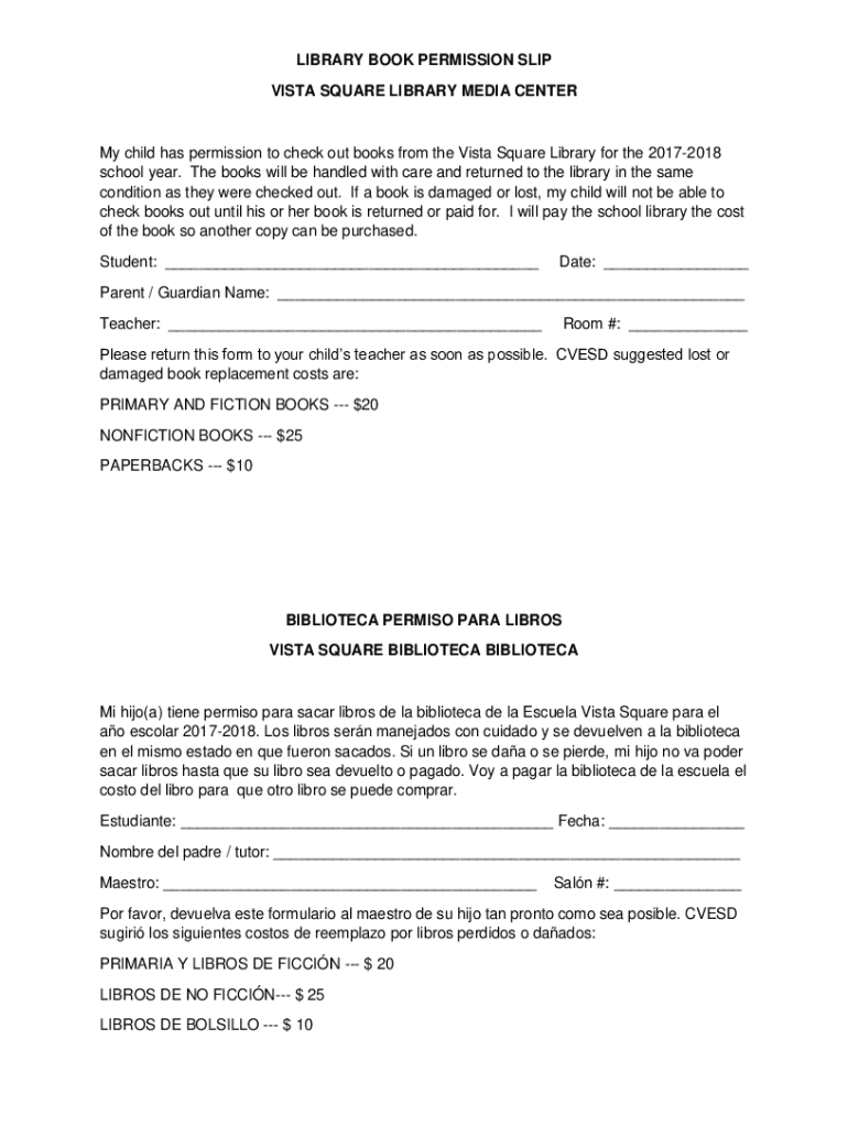 Fillable Online LIBRARY BOOK PERMISSION SLIP VISTA SQUARE LIBRARY MEDIA ...