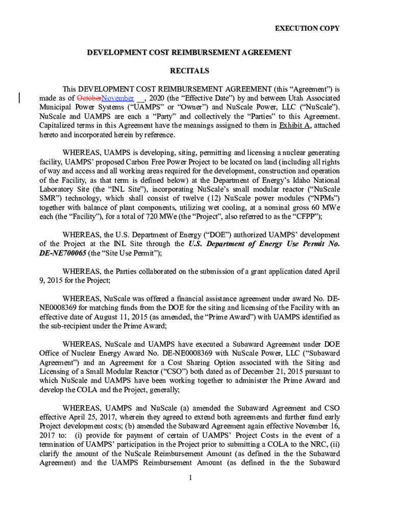 Fillable Online ieefa.orgwp-contentuploadsDEVELOPMENT COST REIMBURSEMENT AGREEMENT RECITALS This ...