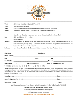 Fillable Online What: 25th Annual Great Goblin Gallop 5K Run / Walk ...