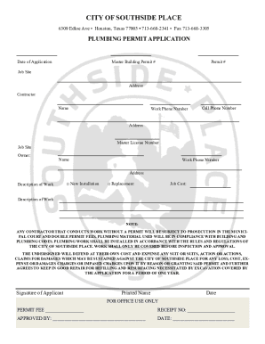 Fillable Online city of southside place - plumbing permit application ...