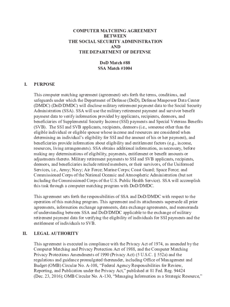 Fillable Online COMPUTER MATCHING AGREEMENT BETWEEN AND THE DEPARTMENT ...