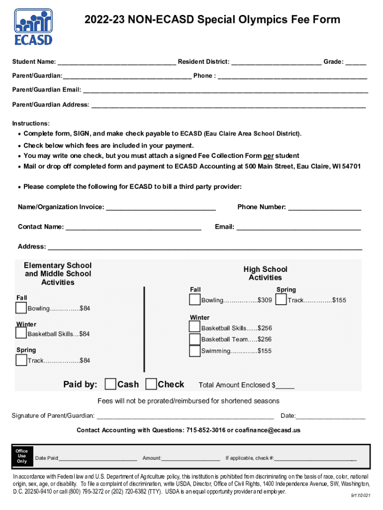Fillable Online 2022-23 NON-ECASD Special Olympics Fee Form - Eau ...