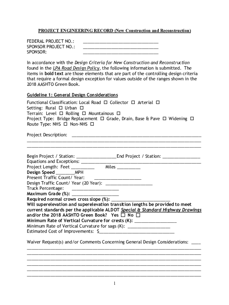 Fillable Online PROJECT ENGINEERING RECORD (New Construction and Reconstruction) Fax Email Print ...