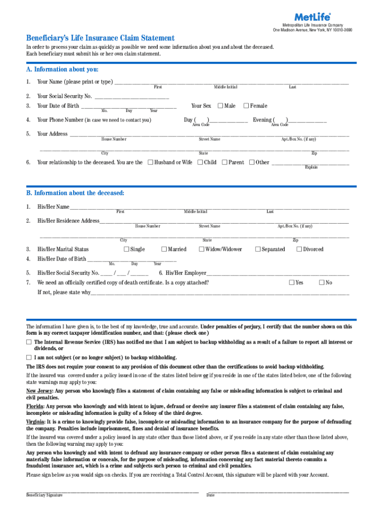 Fillable Online Metlife Life Insurance Claim PDF Form - FormsPal Fax ...