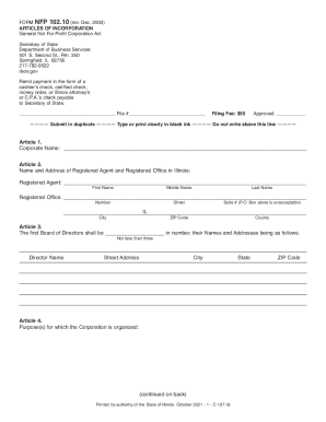 Fillable Online Form NFP 102.10 - Articles of Incorporation Fax Email ...