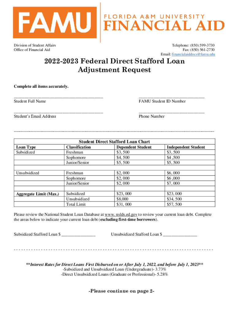 Fillable Online 2022-2023 Federal Direct Stafford Loan Adjustment Request Fax Email Print ...