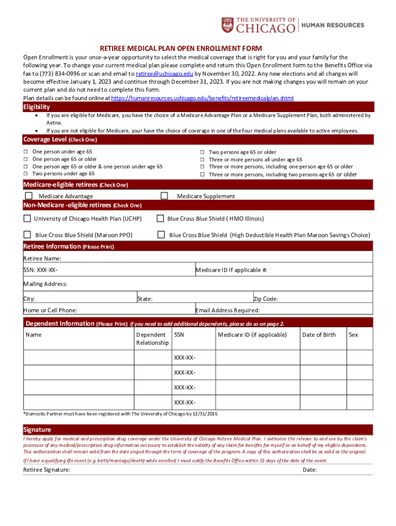 Fillable Online humanresources.uchicago.edubenefitsretireeRetiree ...
