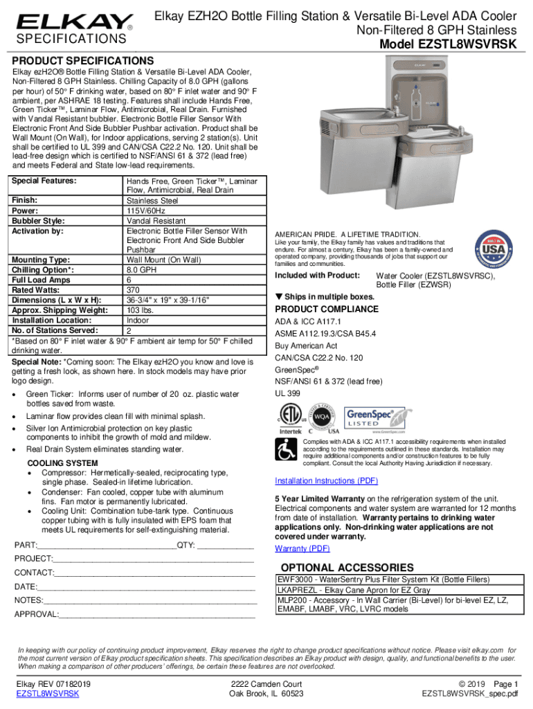 Fillable Online SPECIFICATIONS Elkay EZH2O Bottle Filling Station ... Fax Email Print - pdfFiller