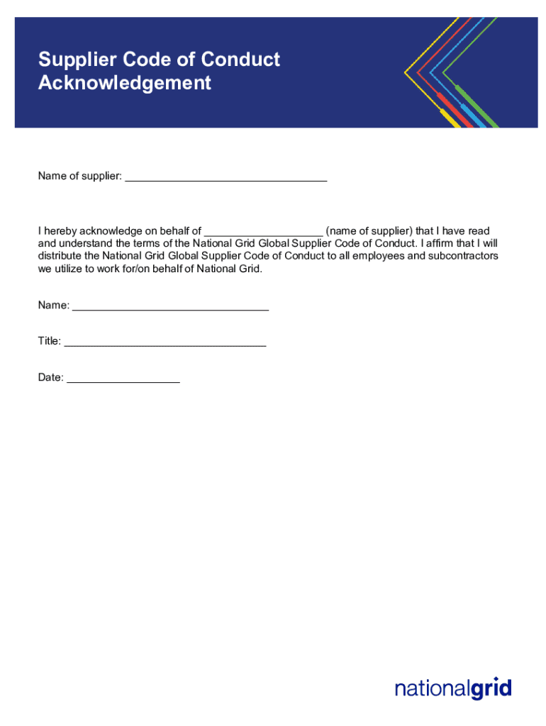 Fillable Online Supplier Code of Conduct Acknowledgement - National ...
