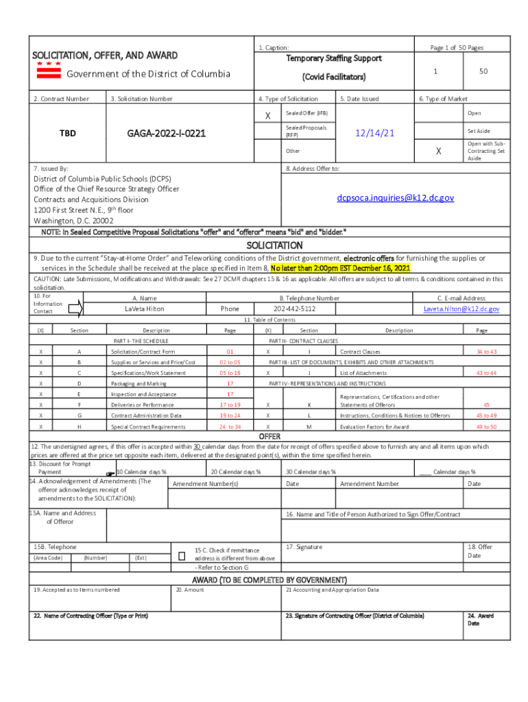 Fillable Online dcps dc SOLICITATION, OFFER, AND AWARD 1. Caption Page ...