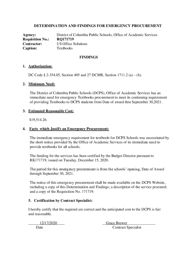 Fillable Online dcps dc DETERMINATION AND FINDINGS FOR EMERGENCY ...