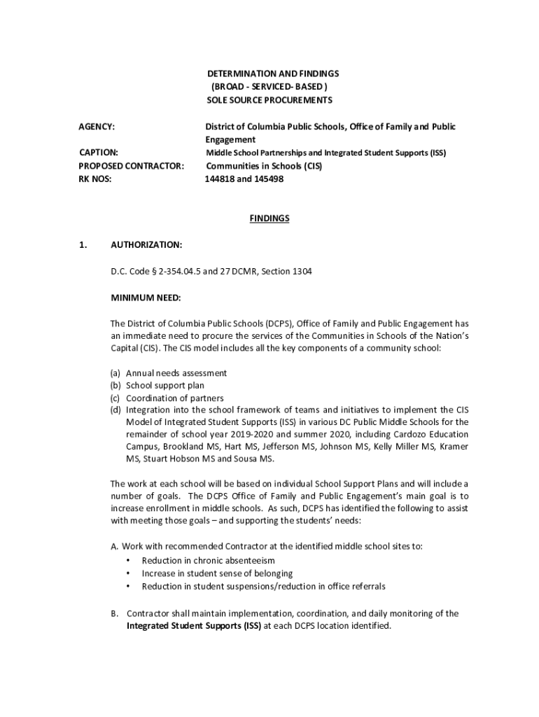 Fillable Online dcps dc DETERMINATION AND FINDINGS (BROAD - SERVICED- BASED ) SOLE SOURCE ...