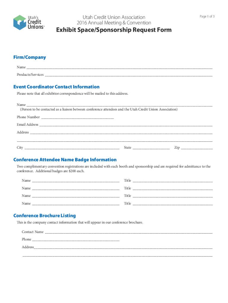 Fillable Online Exhibit Space/Sponsorship Request Form - Utah's Credit Unions Fax Email Print ...