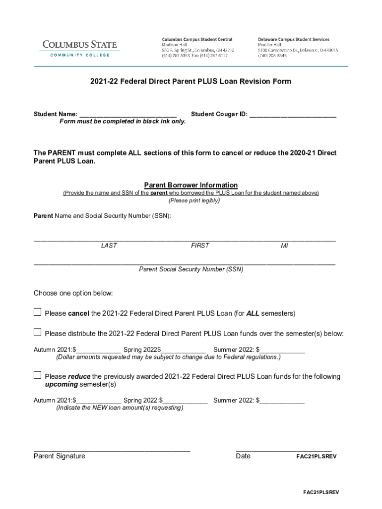 Fillable Online 2021-22 Federal Direct Parent PLUS Loan Revision Form ...