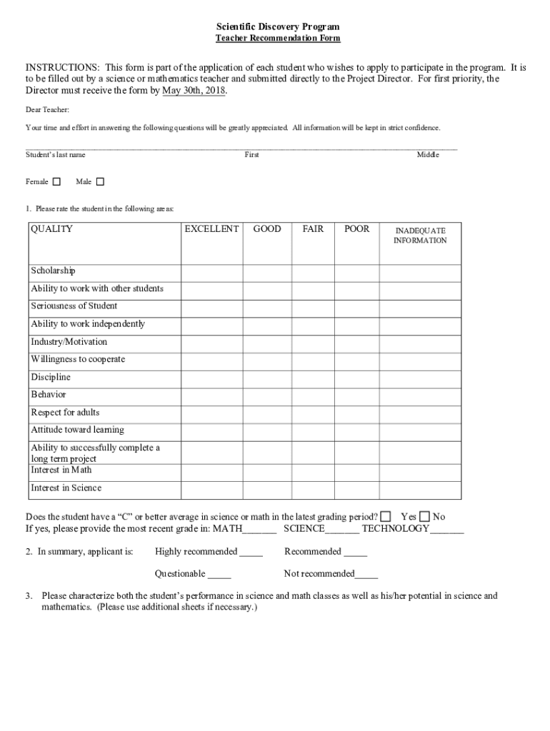 Fillable Online Scientific Discovery Program - Teacher Recommendation ...