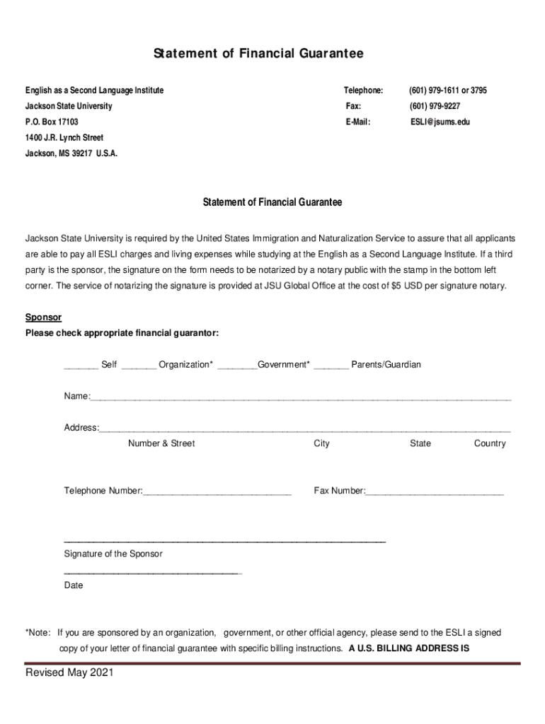 Fillable Online Statement of Financial Guarantee - Jackson State ...