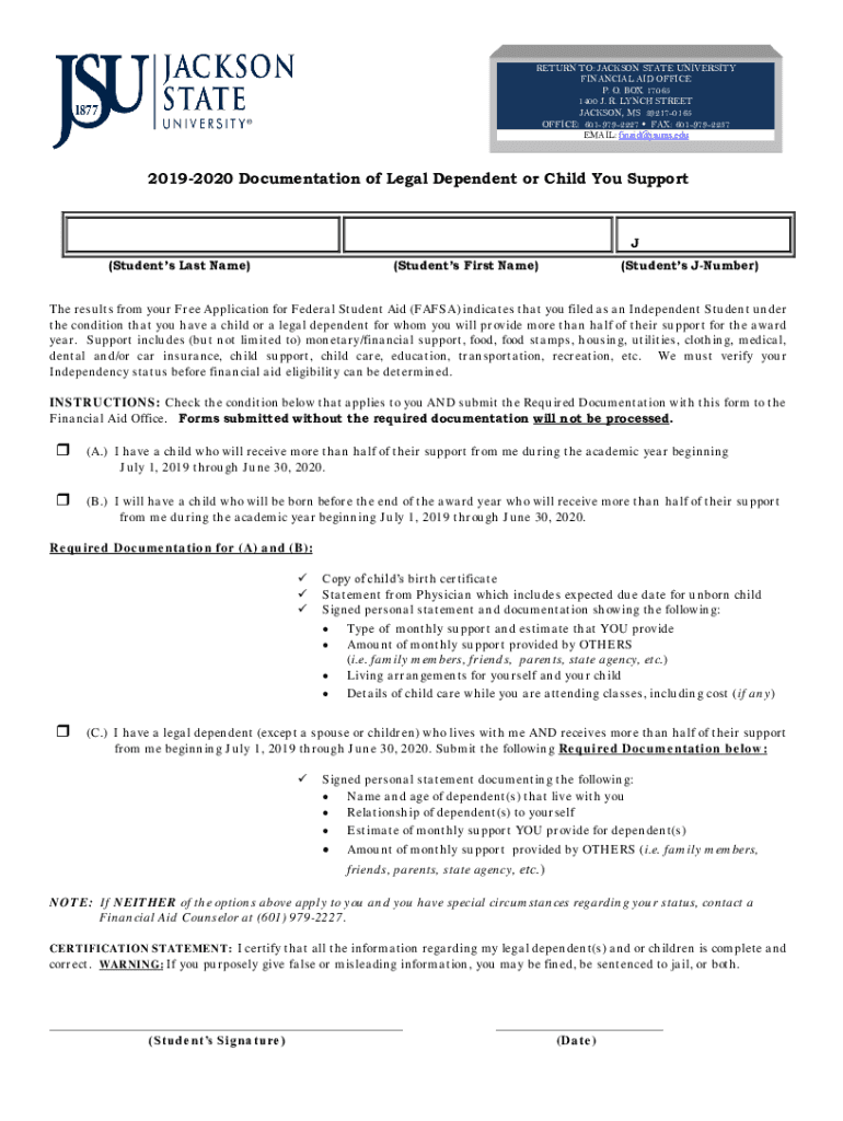 Fillable Online 2019-2020 Documentation of Legal Dependent or Child You ...