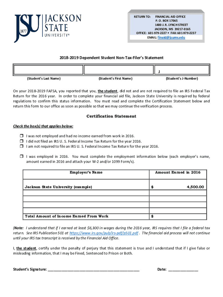 Fillable Online 2018-2019 Dependent Student Non-Tax-Filer's Statement J ...
