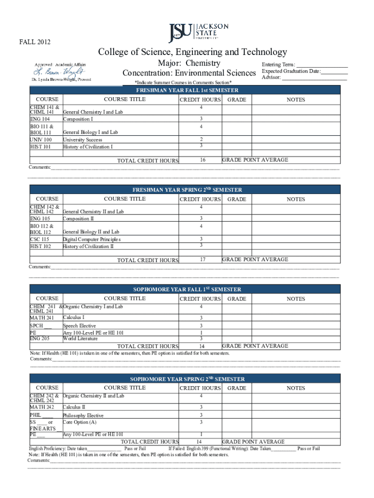 Fillable Online Chemistry: Environmental Chemistry Concentration, Bachelor of Science ... Fax ...
