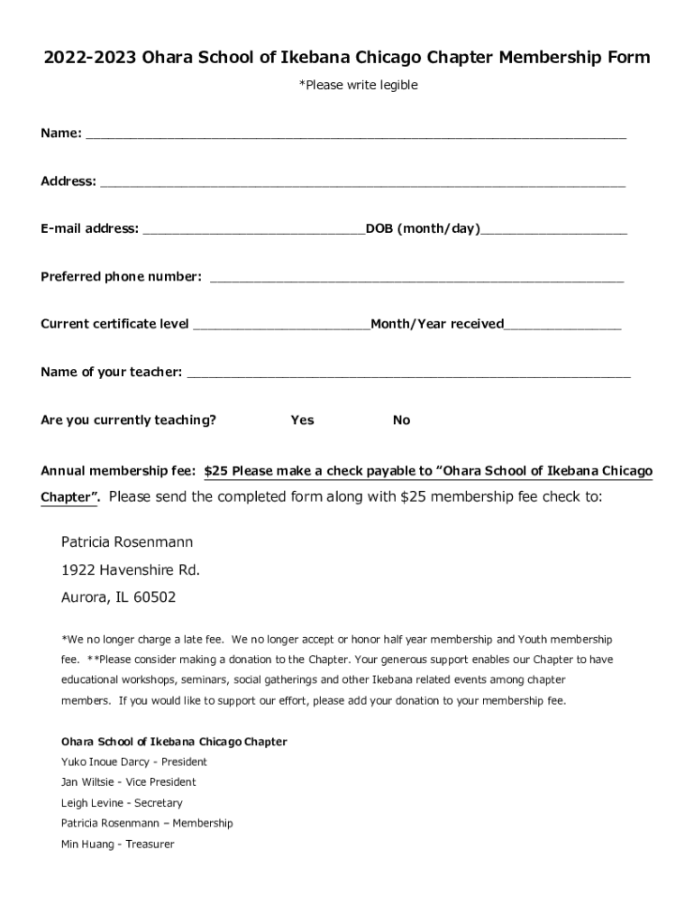 Fillable Online 2022-2023 Ohara School of Ikebana Chicago Chapter Membership Form Fax Email ...